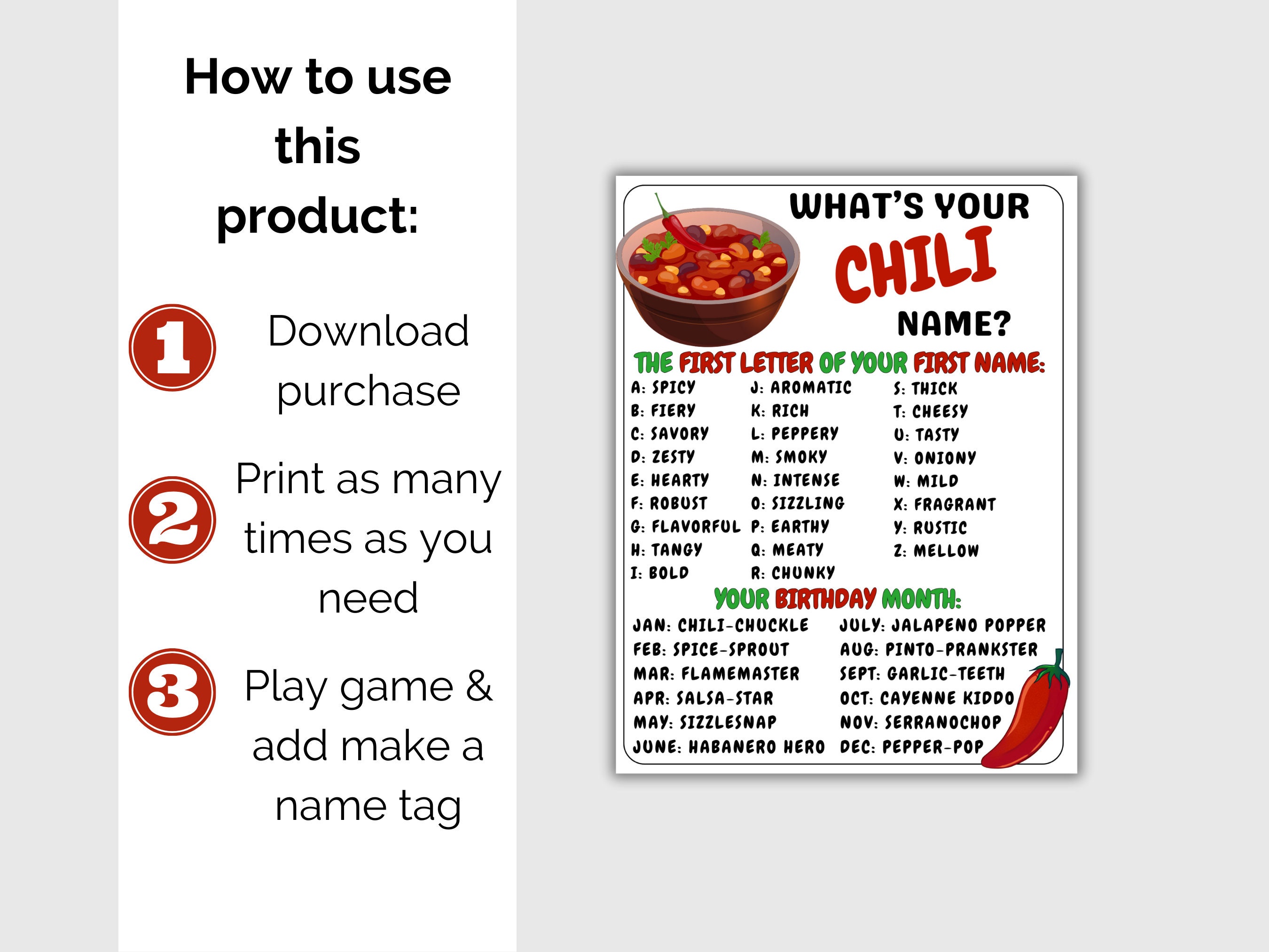 What's Your Chili Name Game + Name Tags, Chili Party Game, Chili ...