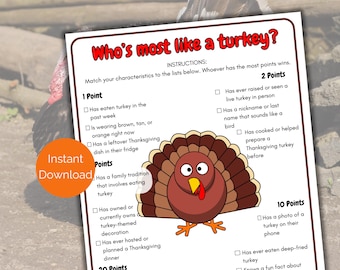 Who's the Most Like a Turkey, Printable Thanksgiving Game, Thanksgiving ...
