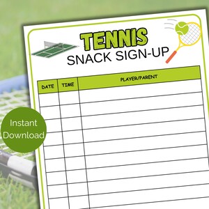 Tennis Snack Sign up Sheet, Printable Tennis Match Snack Schedule ...