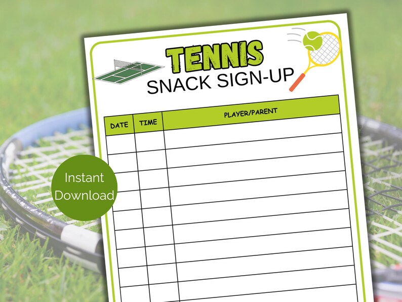 Tennis Snack Sign up Sheet, Printable Tennis Match Snack Schedule ...