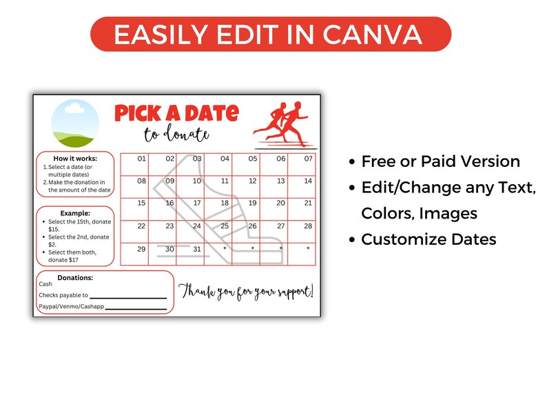 Editable Track Pick A Date, Track and Field Fundraiser Calendar, Cross ...