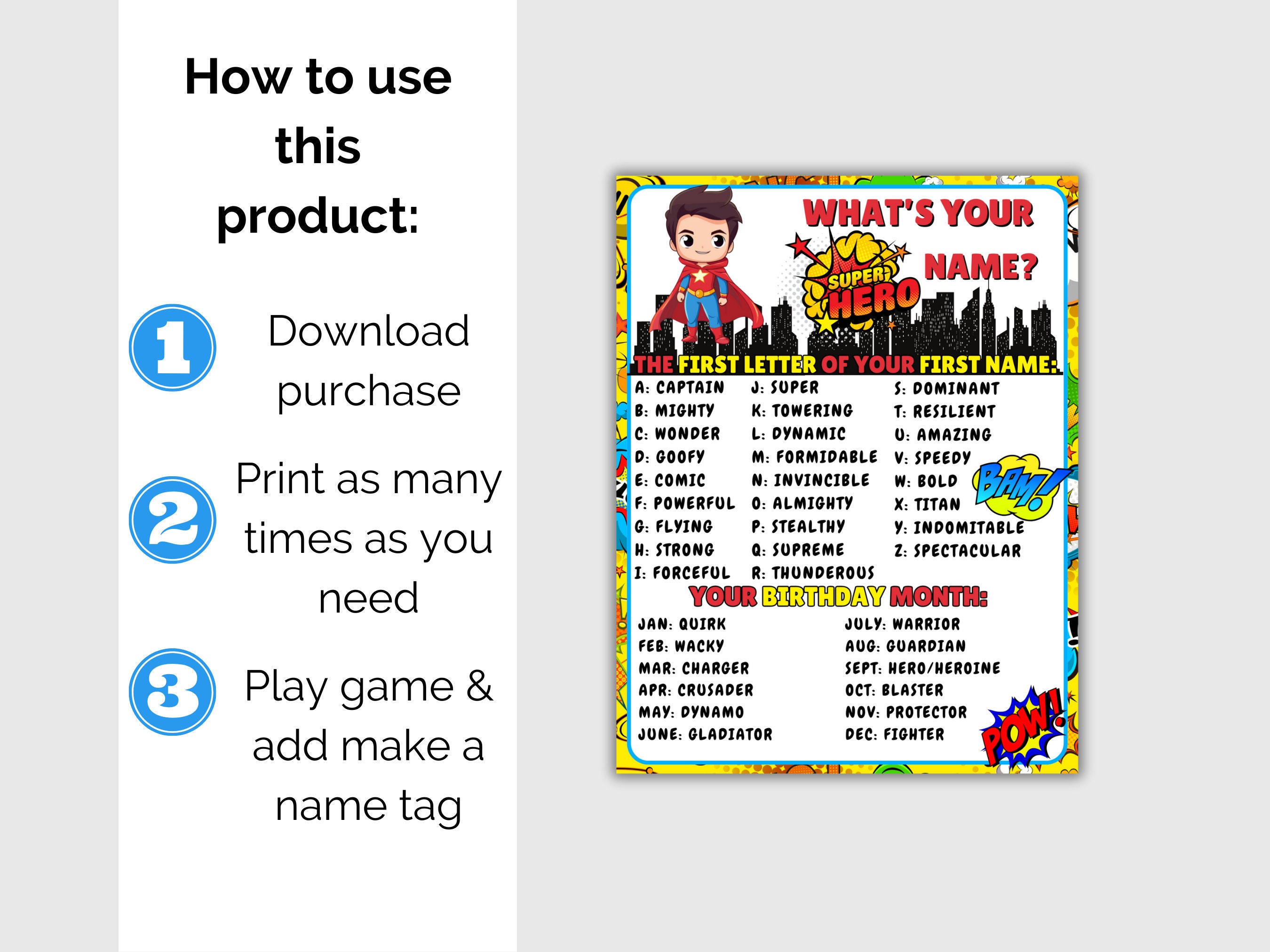 What's Your Superhero Name Game + Name Tags, Superhero Birthday Party ...