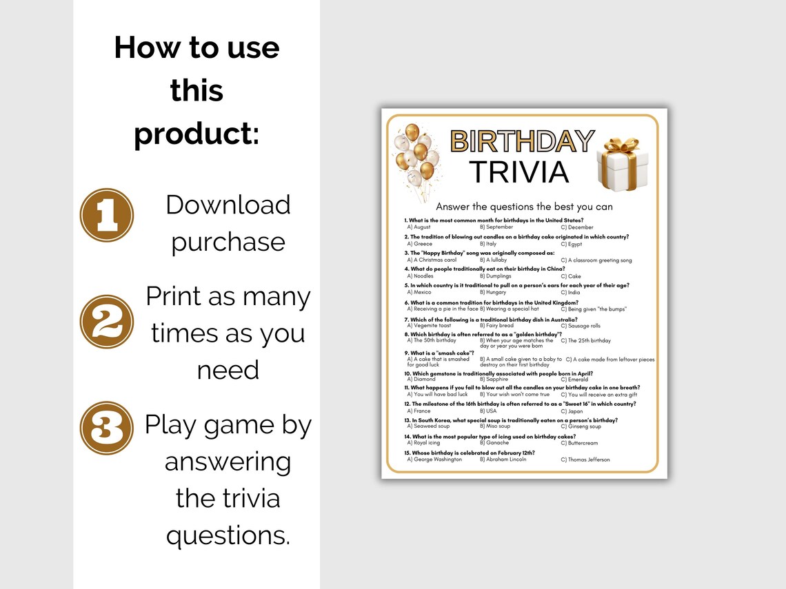 Birthday Trivia Game, Birthday Quiz, Birthday Themed Party Game ...