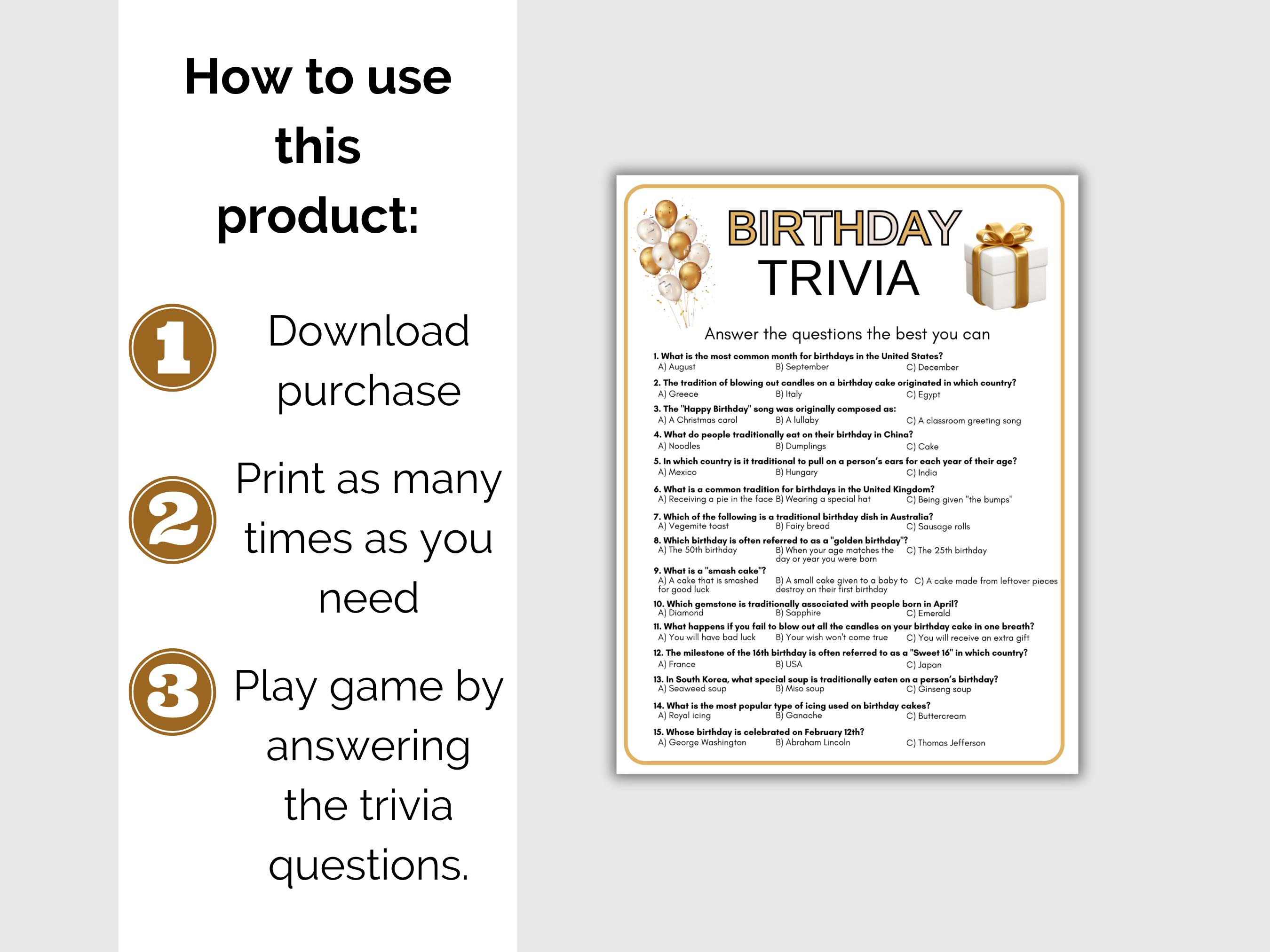 Birthday Trivia Game, Birthday Quiz, Birthday Themed Party Game ...