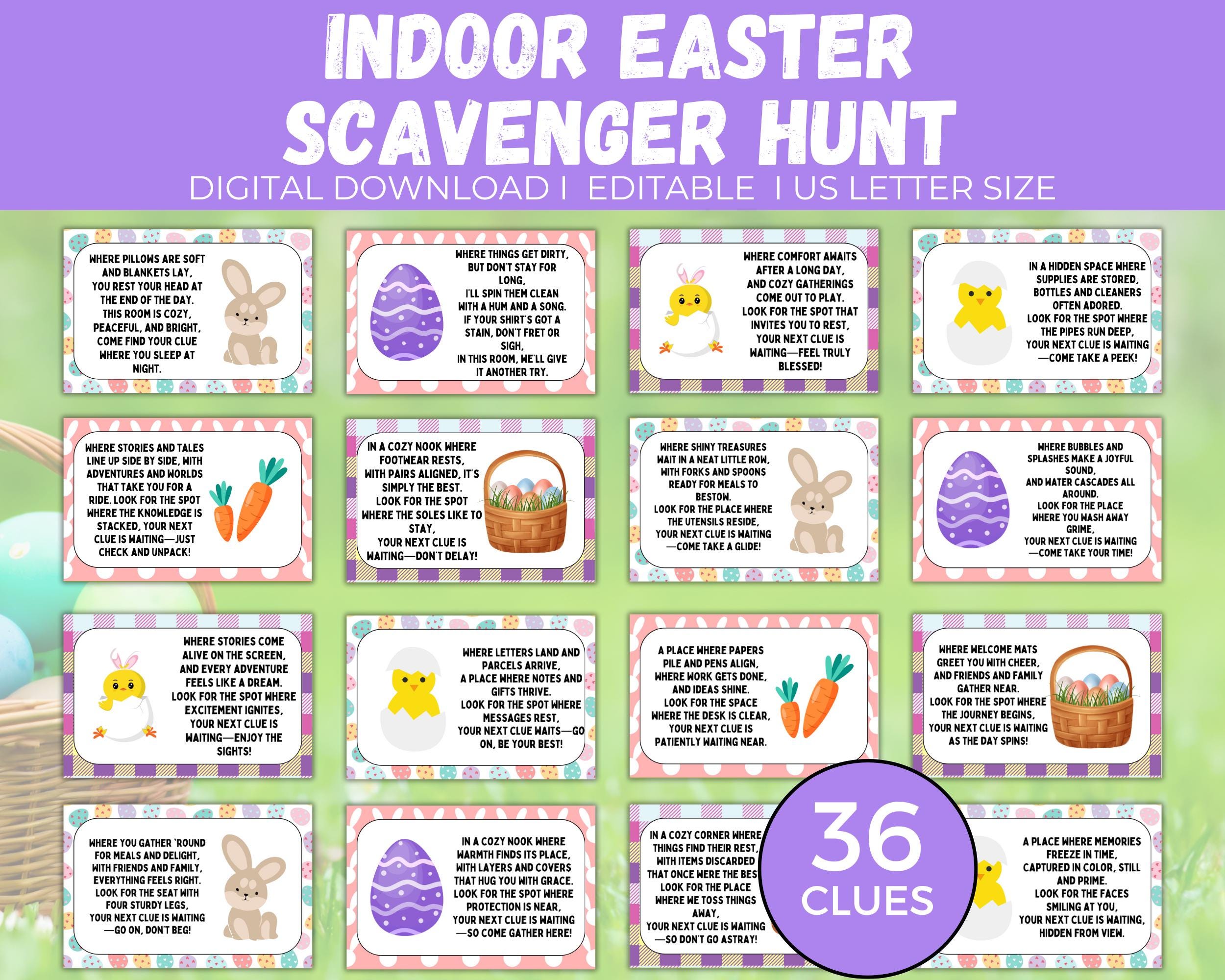 Easter Scavenger Hunt, Printable Indoor Easter Treasure Hunt Clues ...