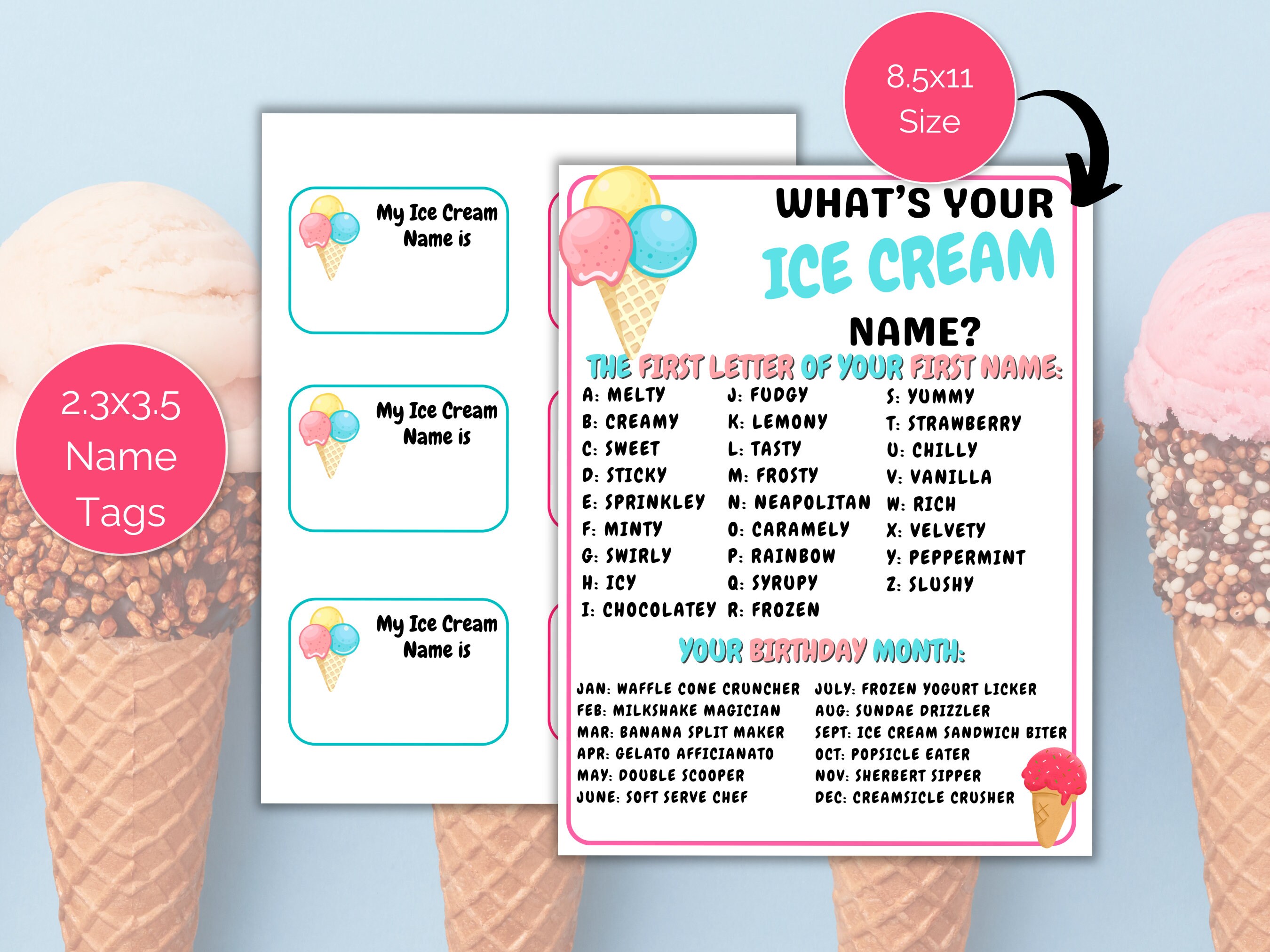 What's Your Ice Cream Name Game + Name Tags, Ice Cream Birthday Party ...