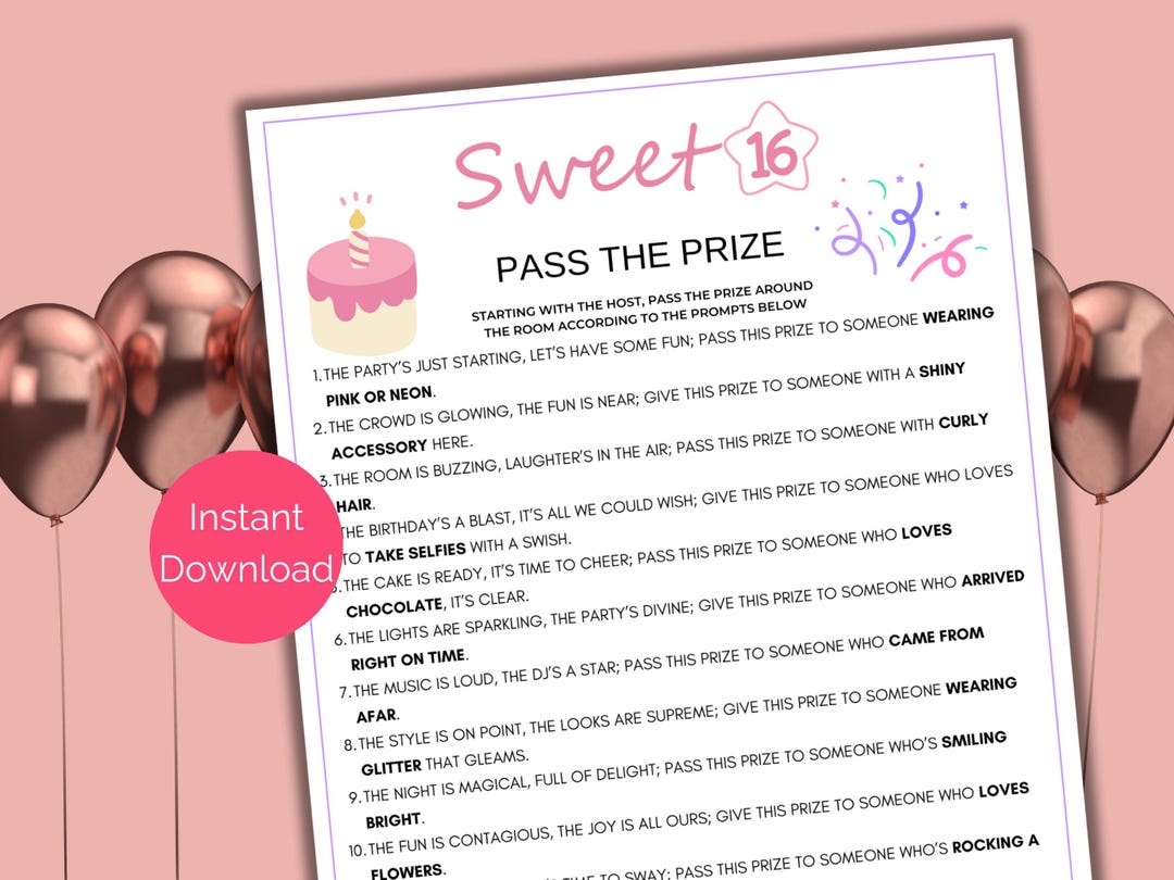 Sweet 16 Pass the Prize, Printable 16th Birthday Pass the Parcel Game ...