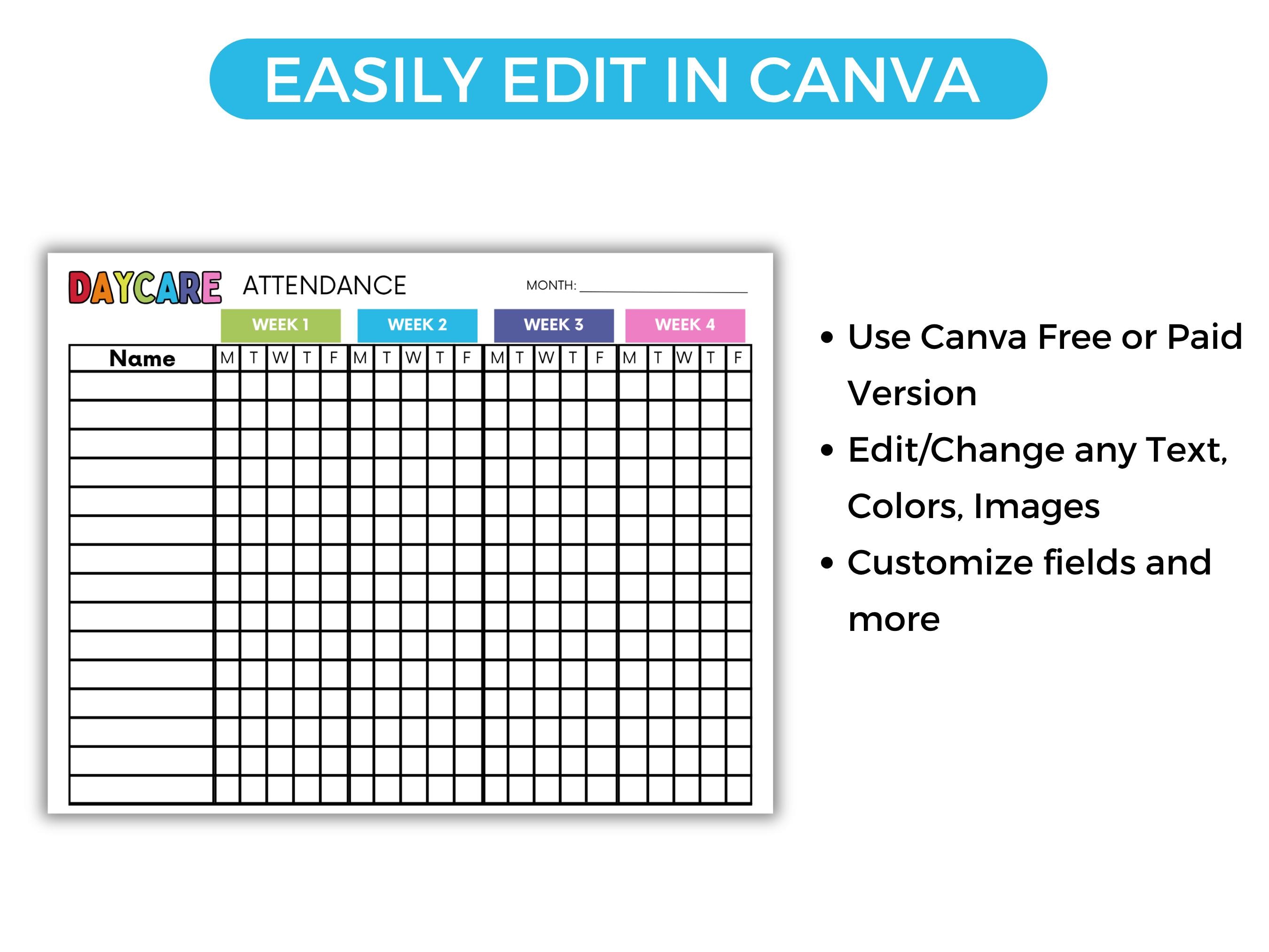Editable Daycare Weekly Attendance Sheet, Printable Daycare Attendance ...