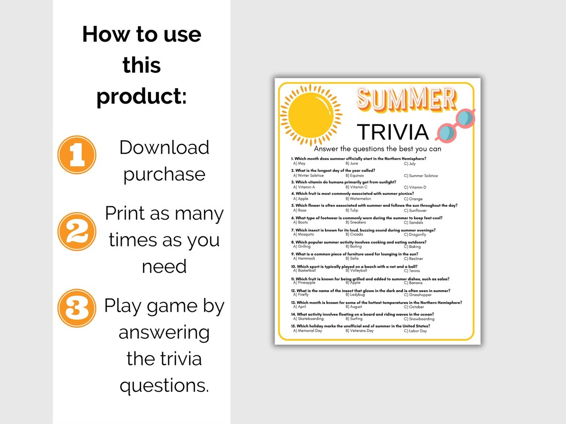 Summer Trivia Game, Summer Quiz, Printable Summer Game, Summer Party ...