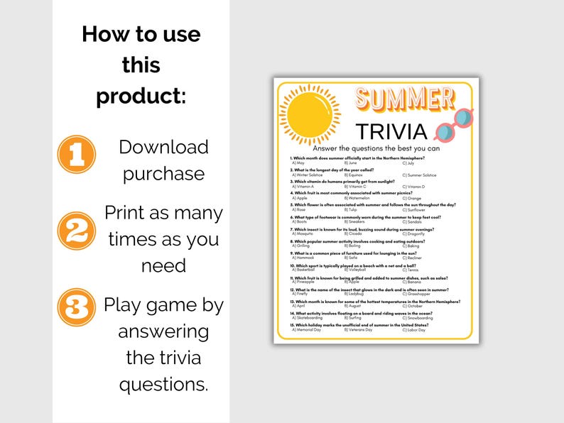 Summer Trivia Game, Summer Quiz, Printable Summer Game, Summer Party ...