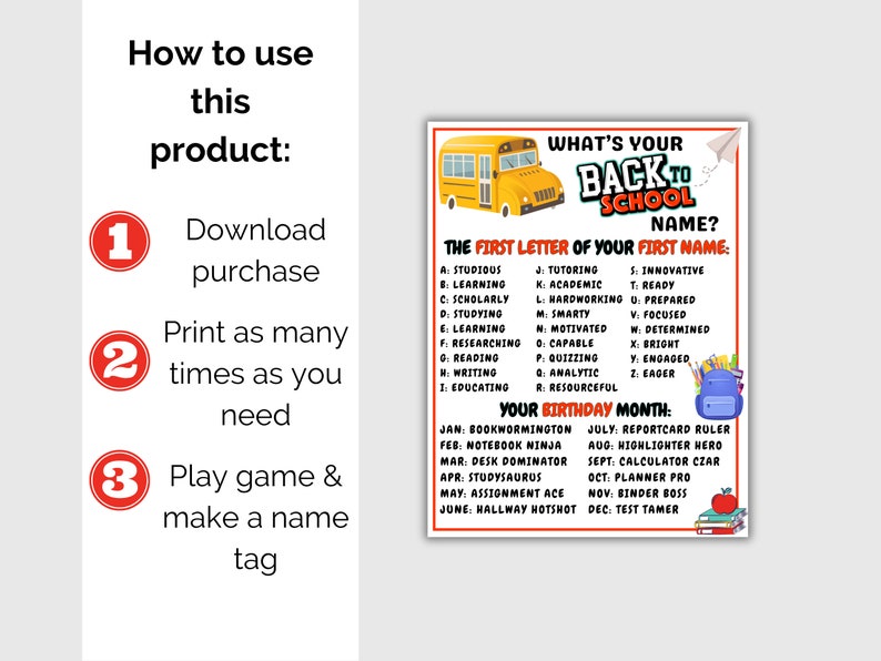 What's Your Back to School Name Game + Name Tags, First Day of School ...