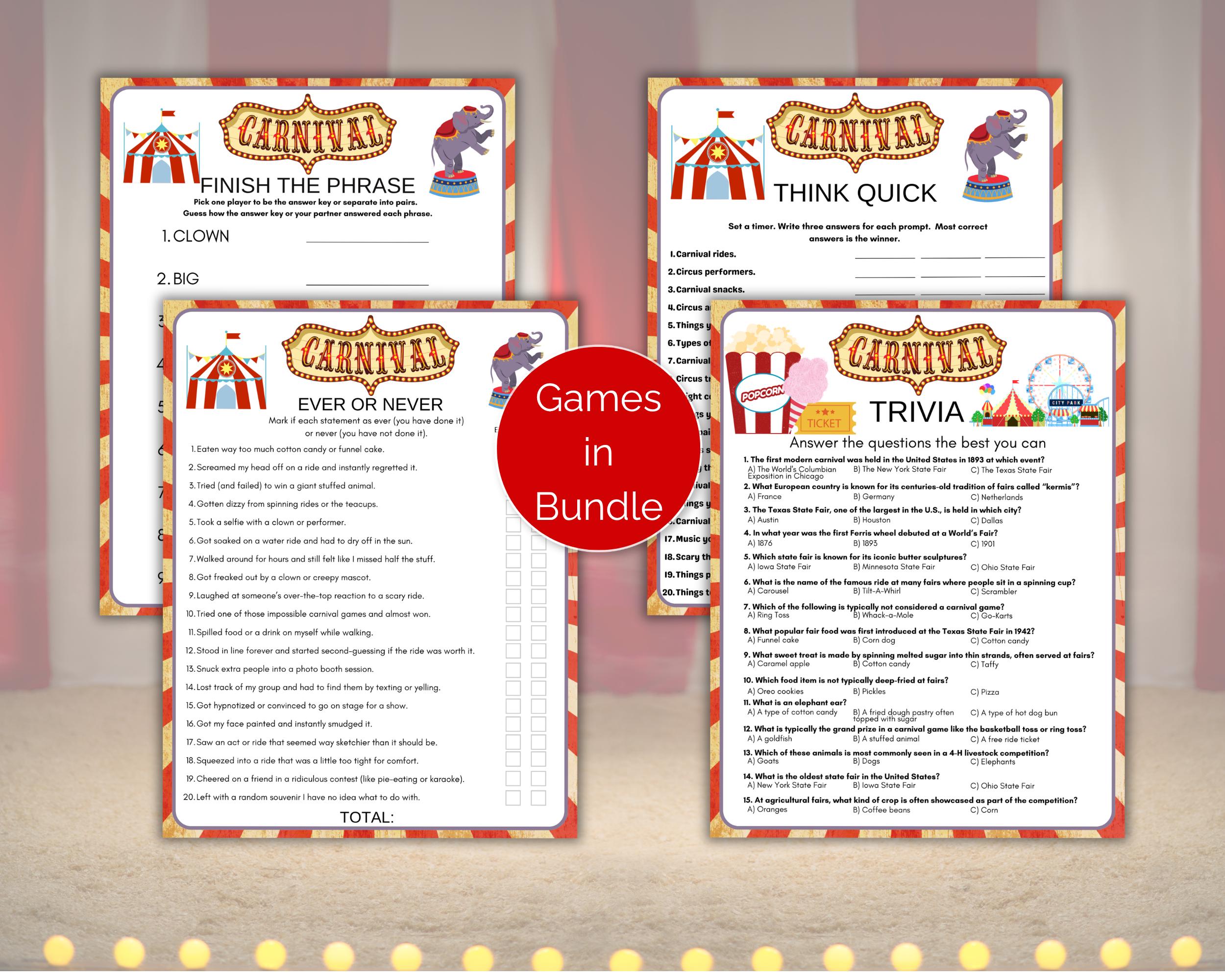 Carnival Party Game Bundle, 15 Printable Carnival Activities, Circus ...