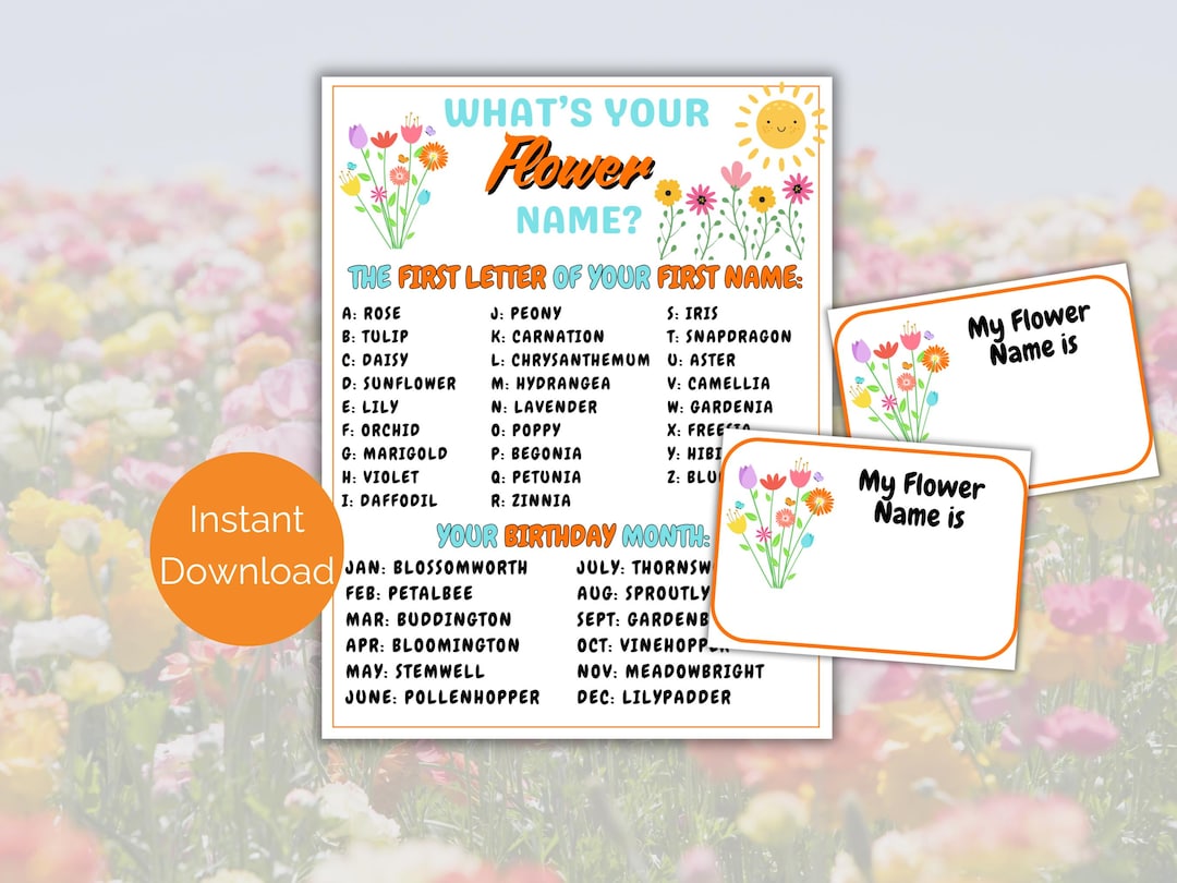 What's Your Flower Name Game + Name Tags, Printable Garden Party Game ...