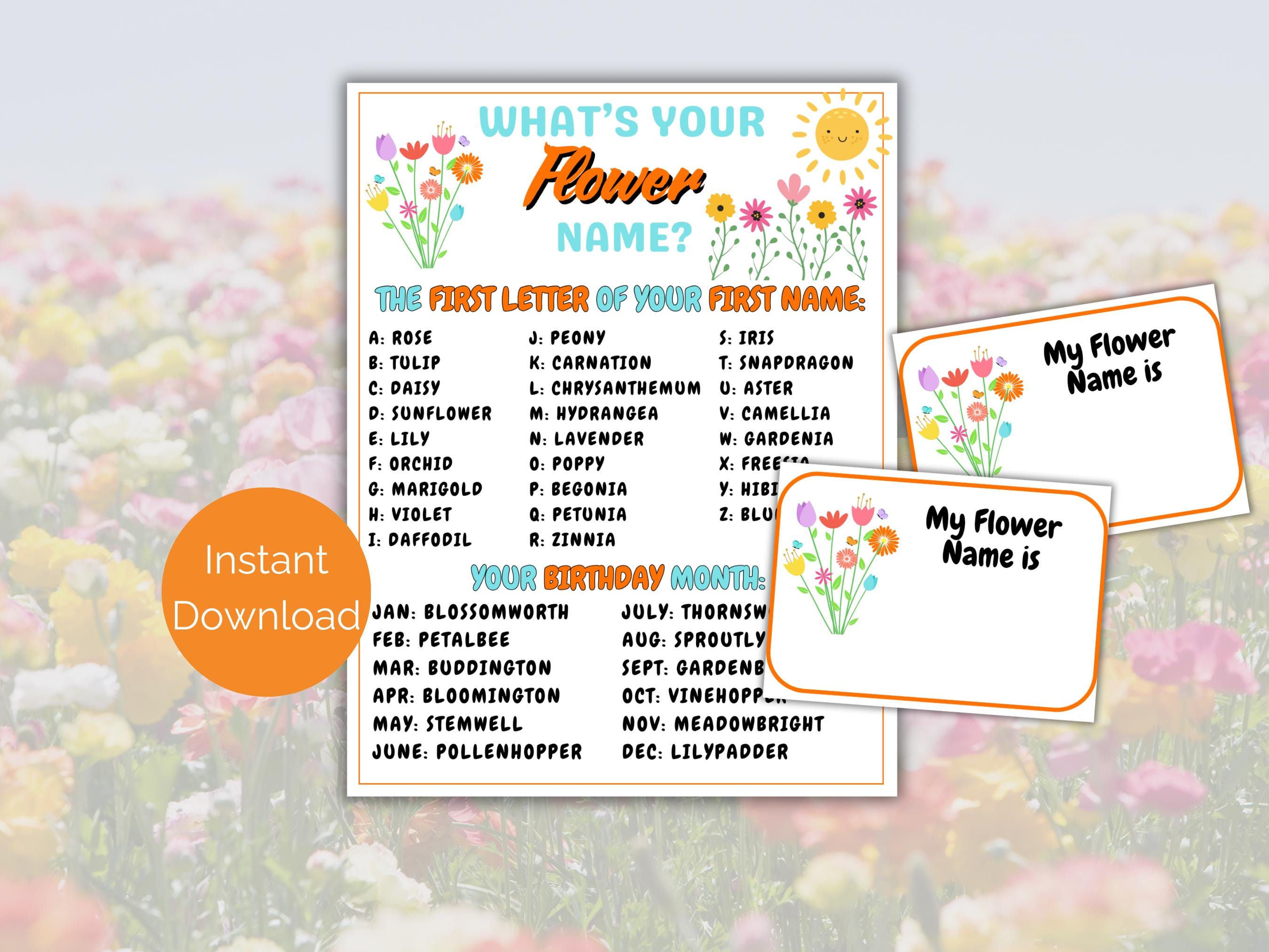 What's Your Flower Name Game + Name Tags, Printable Garden Party Game ...
