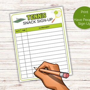 Tennis Snack Sign up Sheet, Printable Tennis Match Snack Schedule ...