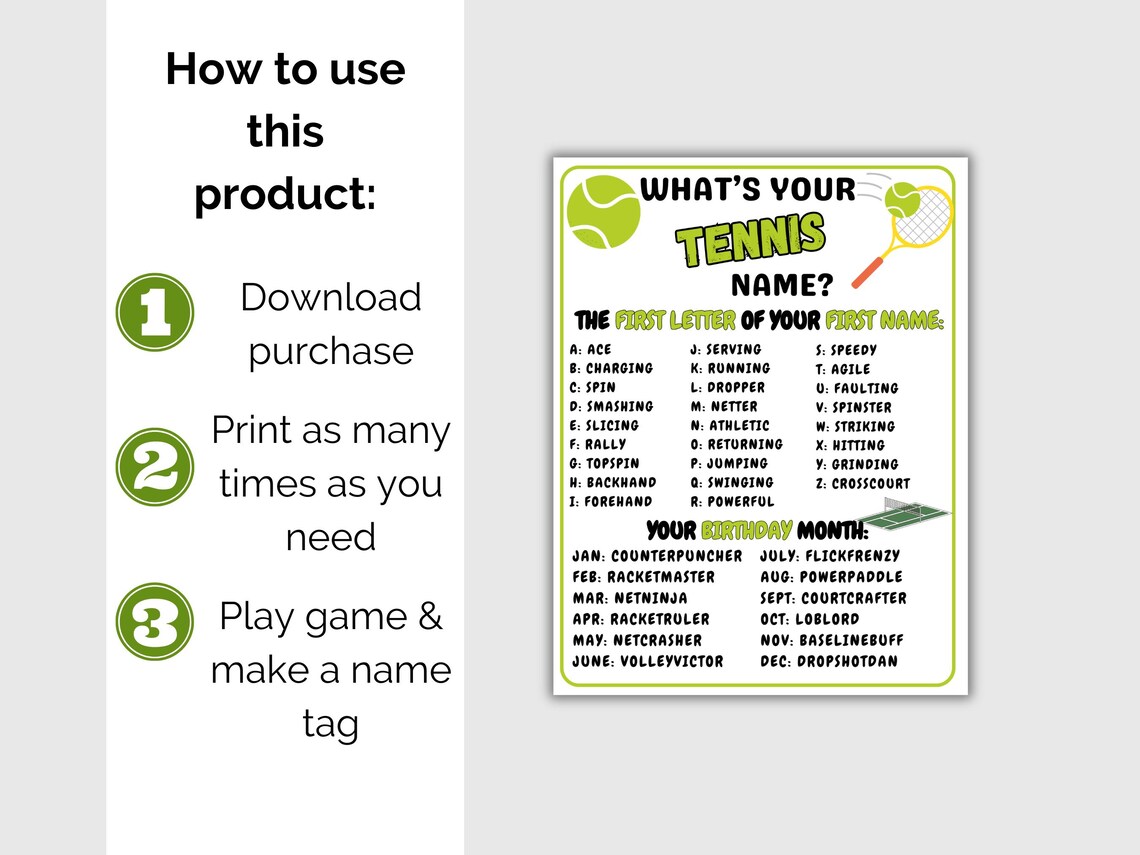 What's Your Tennis Name Game + Name Tags, Printable Tennis Party Game ...
