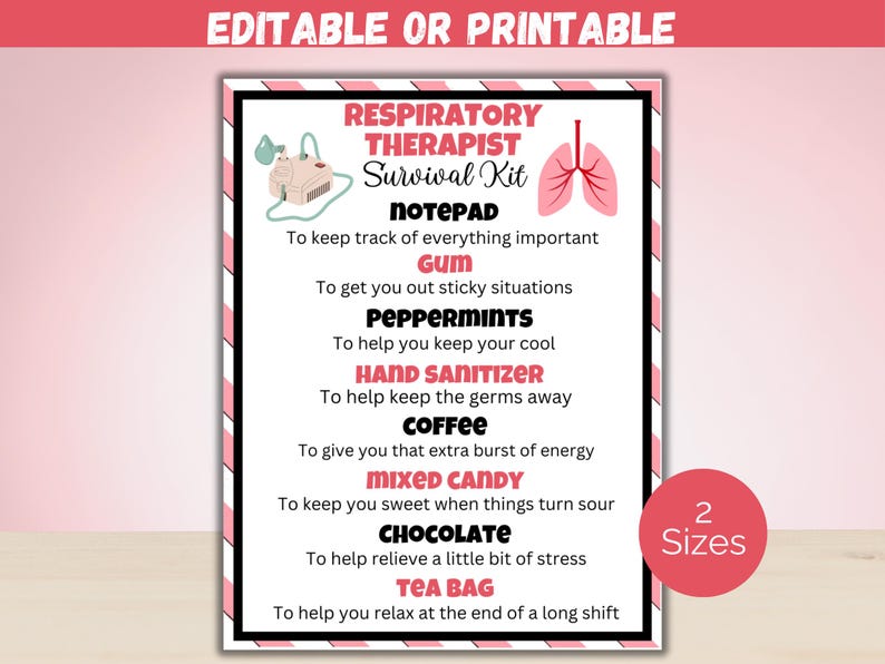 Editable Respiratory Therapist Survival Kit Gift Tags, Respiratory Care ...