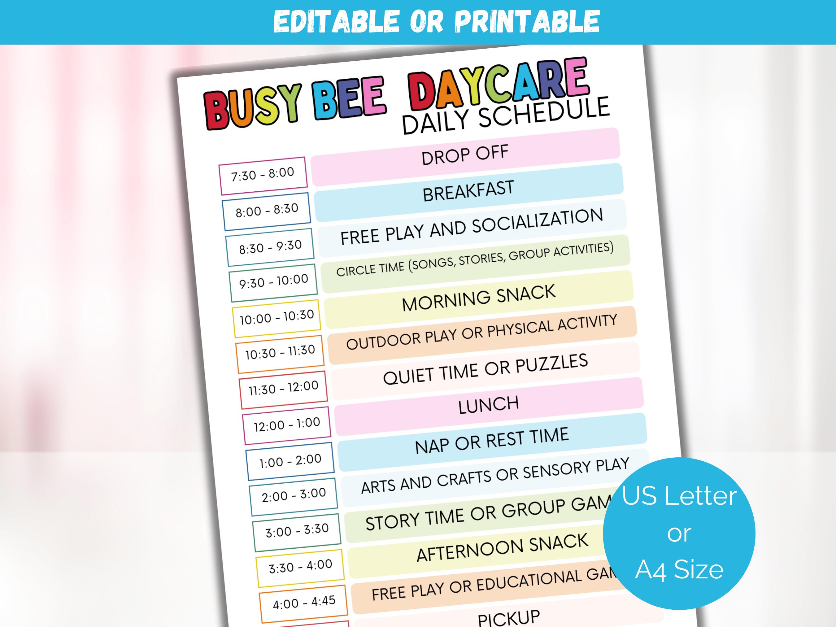Editable Home Daycare Daily Schedule, Daily Schedule for Preschool ...