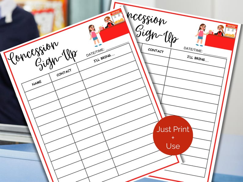 Concession Stand Sign up Sheet, Printable Concession Stand Schedule ...