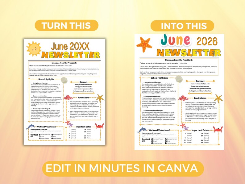 EDITABLE June PTO PTA Newsletter Template, Monthly Classroom June ...