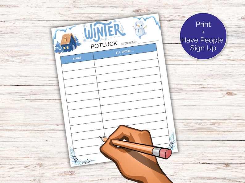 Winter Party Potluck Sign up Sheet, Printable Winter Party Sign up Form ...