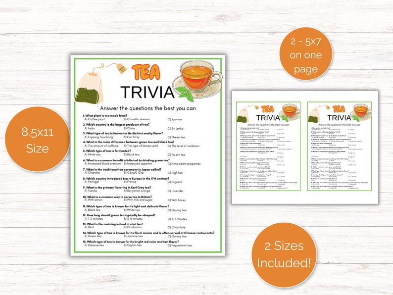 Tea Trivia Game, Tea Quiz, Printable Tea Game for Kids and Adults, Food ...