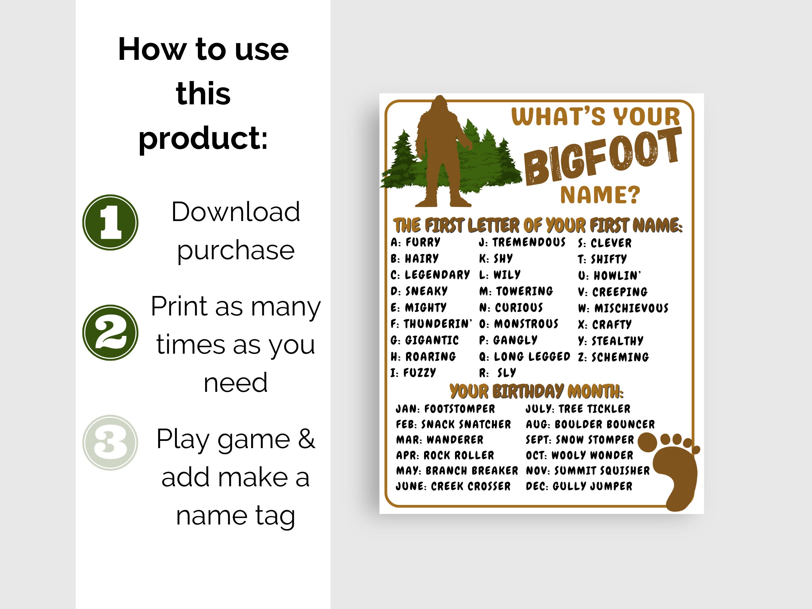 What's Your Bigfoot Name Game + Name Tags, Bigfoot Party Printable ...