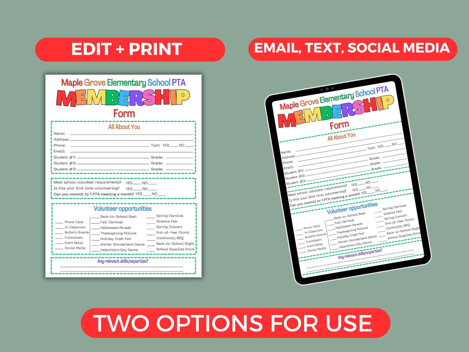 EDITABLE PTA PTO Membership Form Template, Pta Parent Volunteer Sign up ...