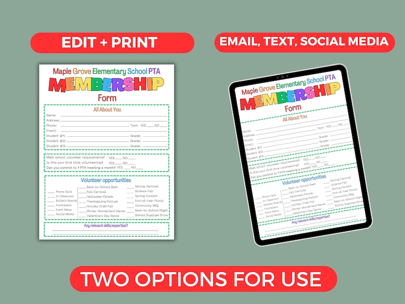 EDITABLE PTA PTO Membership Form Template, Pta Parent Volunteer Sign up ...