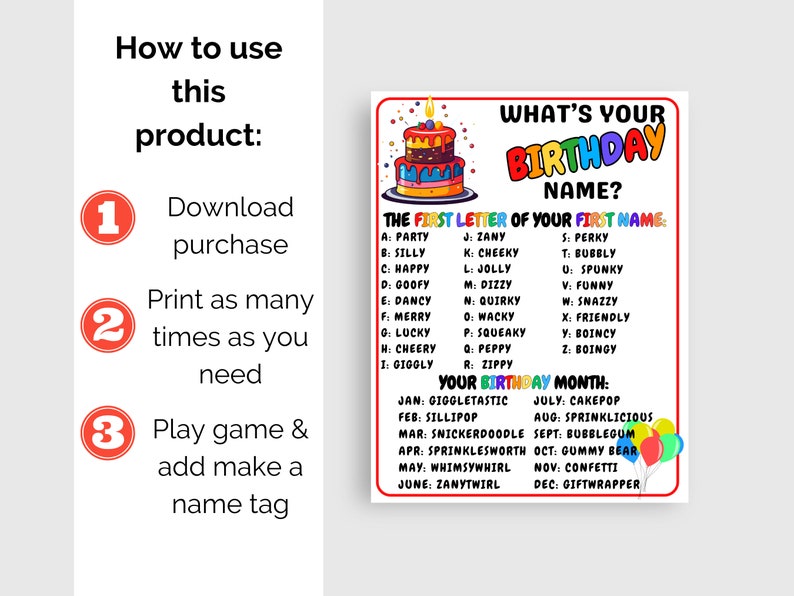 What's Your Birthday Name Game + Name Tags, Birthday Party Activity for ...