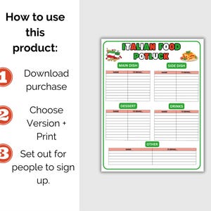 Italian Food Potluck Sign up Sheet, Printable Pasta Dinner Party ...