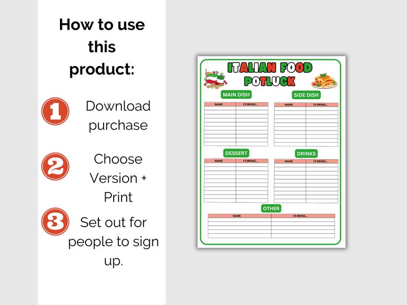 Italian Food Potluck Sign up Sheet, Printable Pasta Dinner Party ...