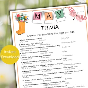 May Trivia Game, May Quiz, Printable Month Party Game, Spring Trivia ...