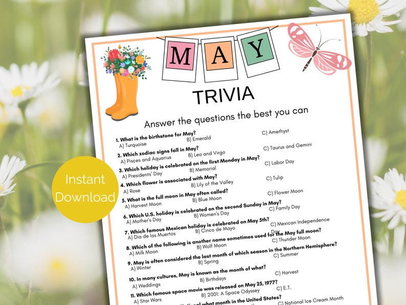 May Trivia Game, May Quiz, Printable Month Party Game, Spring Trivia ...