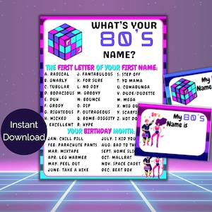 What's Your 80s Name Game + Name Tags, 80s Party Game, Printable 1980s ...
