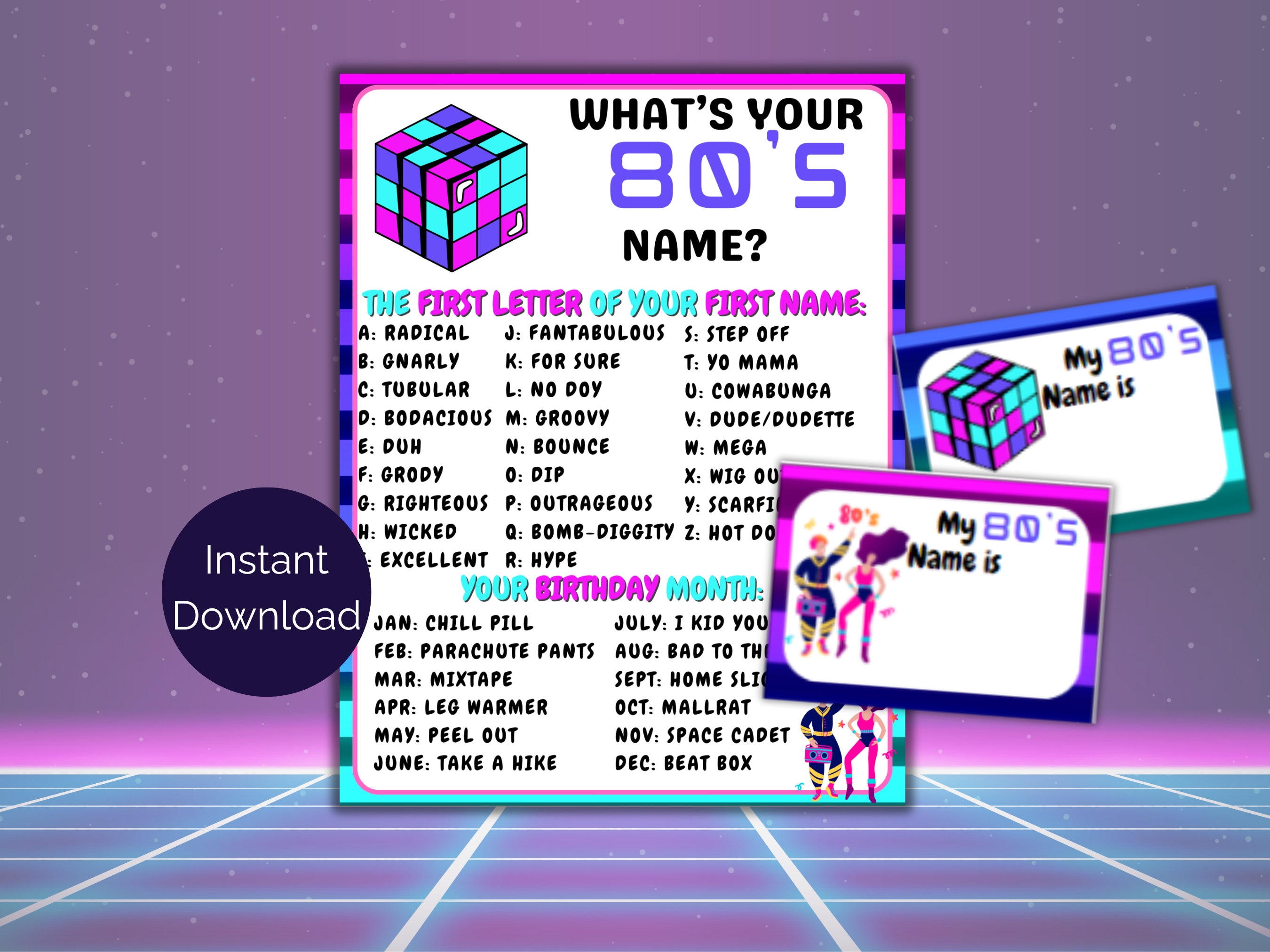 What's Your 80s Name Game + Name Tags, 80s Party Game, Printable 1980s ...