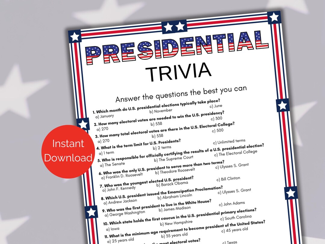Presidential Trivia Game, Printable Presidents Trivia, Presidents Day ...