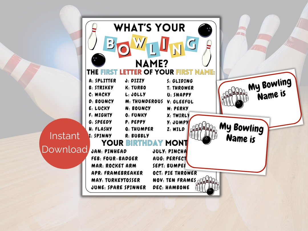 What's Your Bowling Name Game + Name Tags, Bowling Birthday Party Game ...