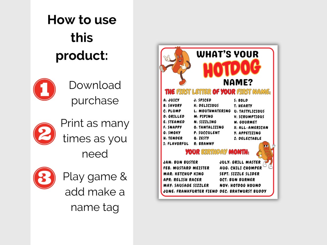 What's Your Hot Dog Name Game + Name Tags, Hot Dog Party Game, Summer ...