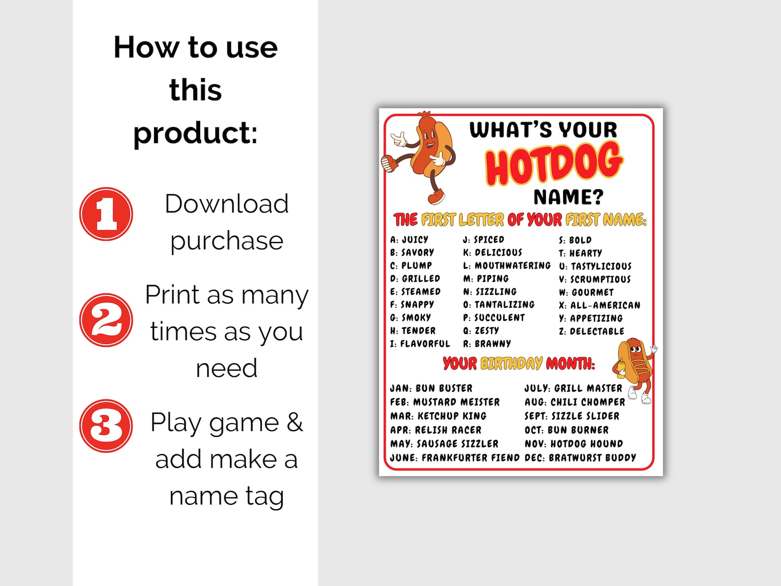 What's Your Hot Dog Name Game + Name Tags, Hot Dog Party Game, Summer ...