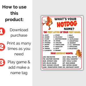 What's Your Hot Dog Name Game + Name Tags, Hot Dog Party Game, Summer ...