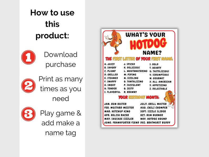 What's Your Hot Dog Name Game + Name Tags, Hot Dog Party Game, Summer ...