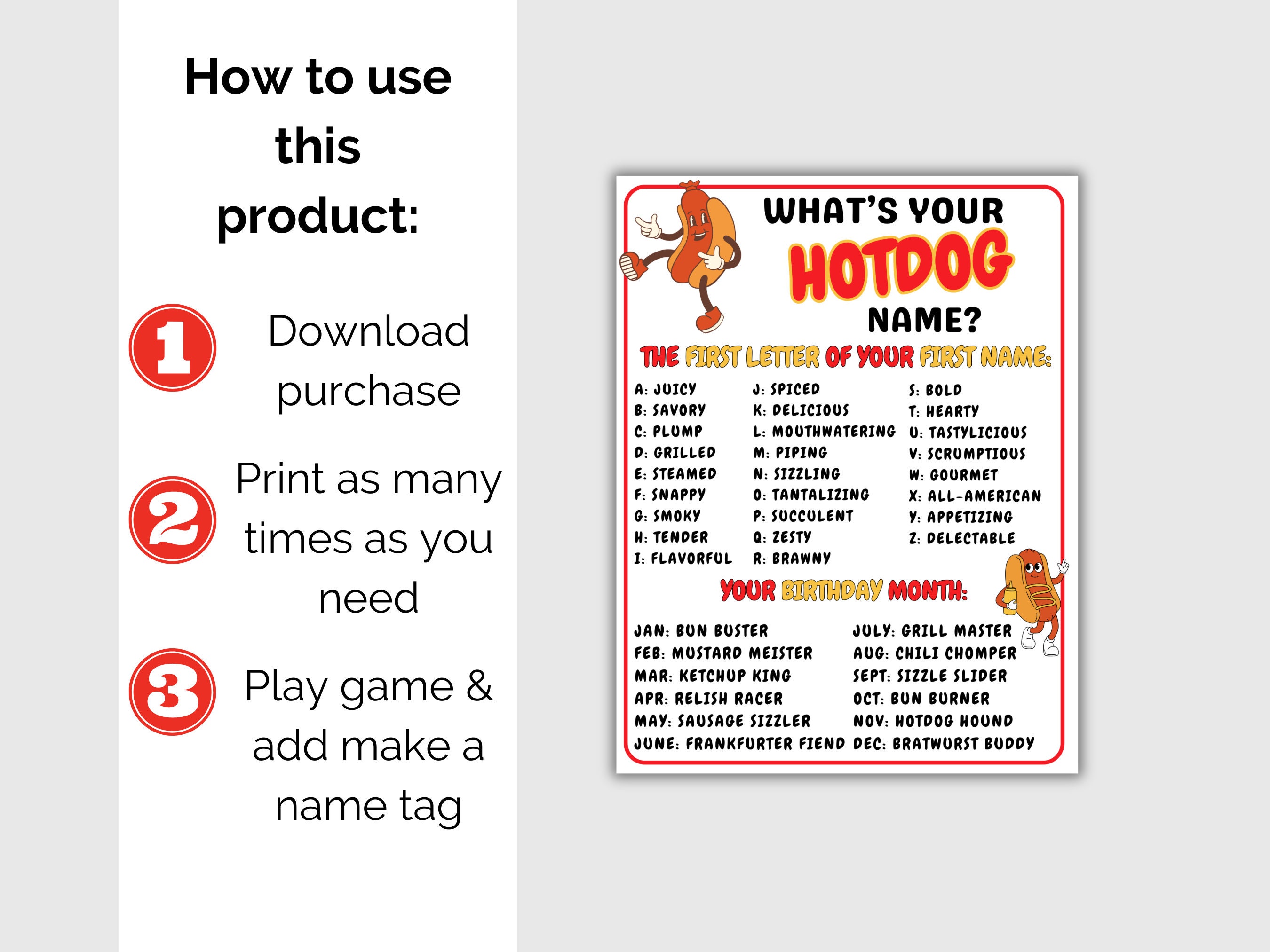 What's Your Hot Dog Name Game + Name Tags, Hot Dog Party Game, Summer ...