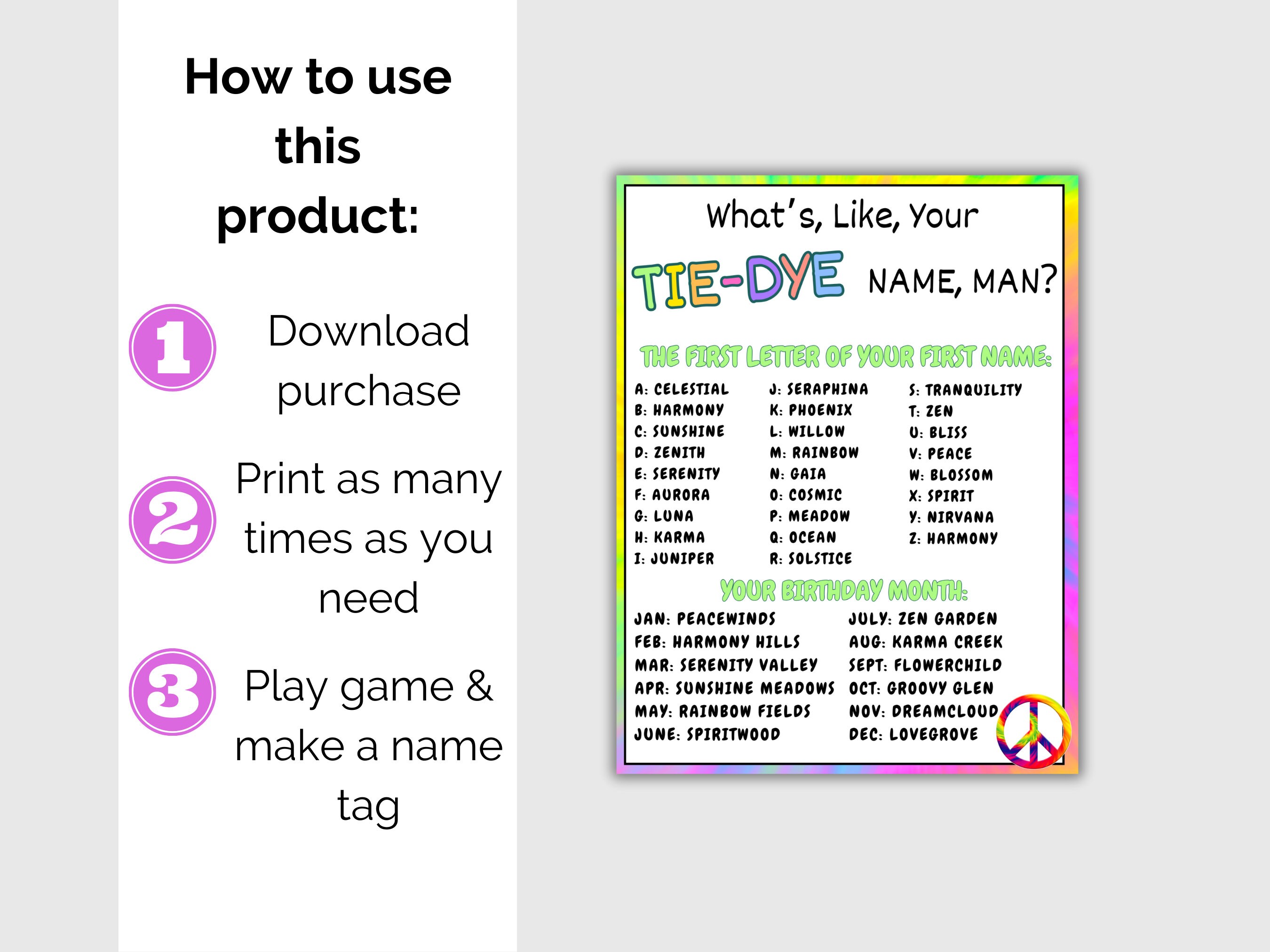What's Your Tie Dye Name Game + Name Tags, Rainbow Birthday Game, Tie ...