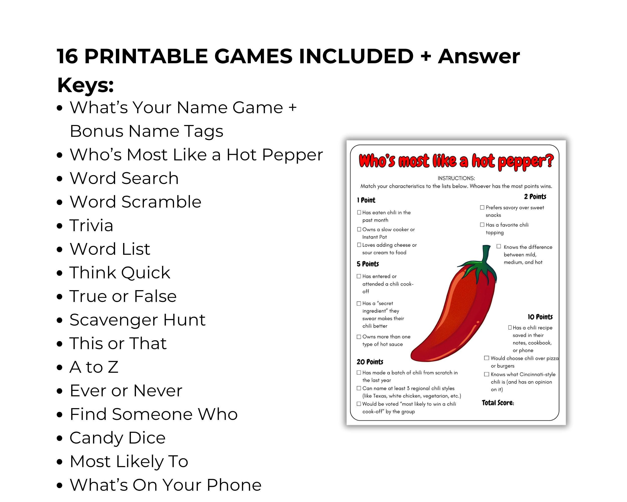 Chili Game Bundle, 16 Printable Chili Cook-off Games, Chili Party Games ...