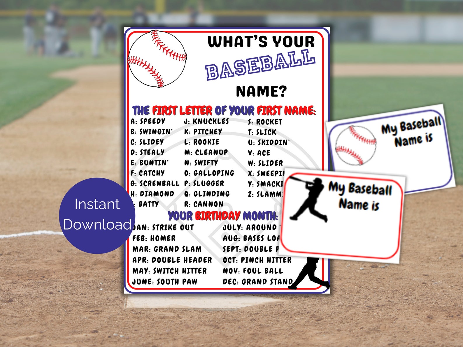 What's Your Baseball Name Game + Name Tags, Baseball Team Party Games ...