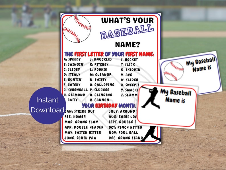 What's Your Baseball Name Game + Name Tags, Baseball Team Party Games ...