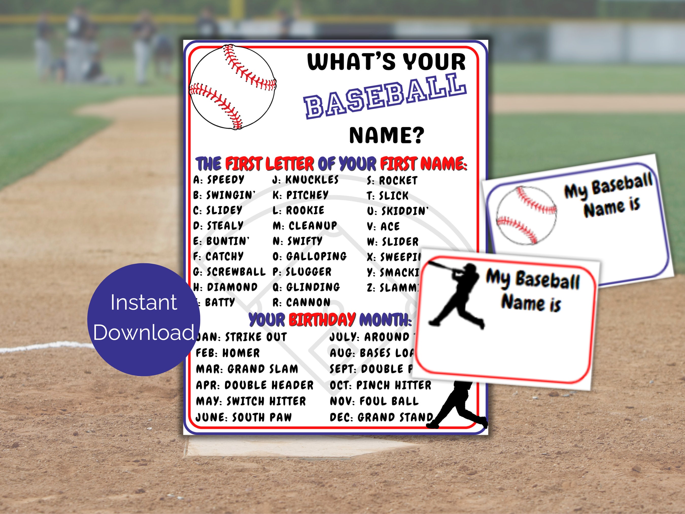 What's Your Baseball Name Game + Name Tags, Baseball Team Party Games ...