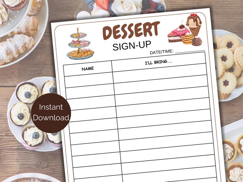 Dessert Sign up Sheet, Printable Dessert Potluck Sign up Form, Dessert ...