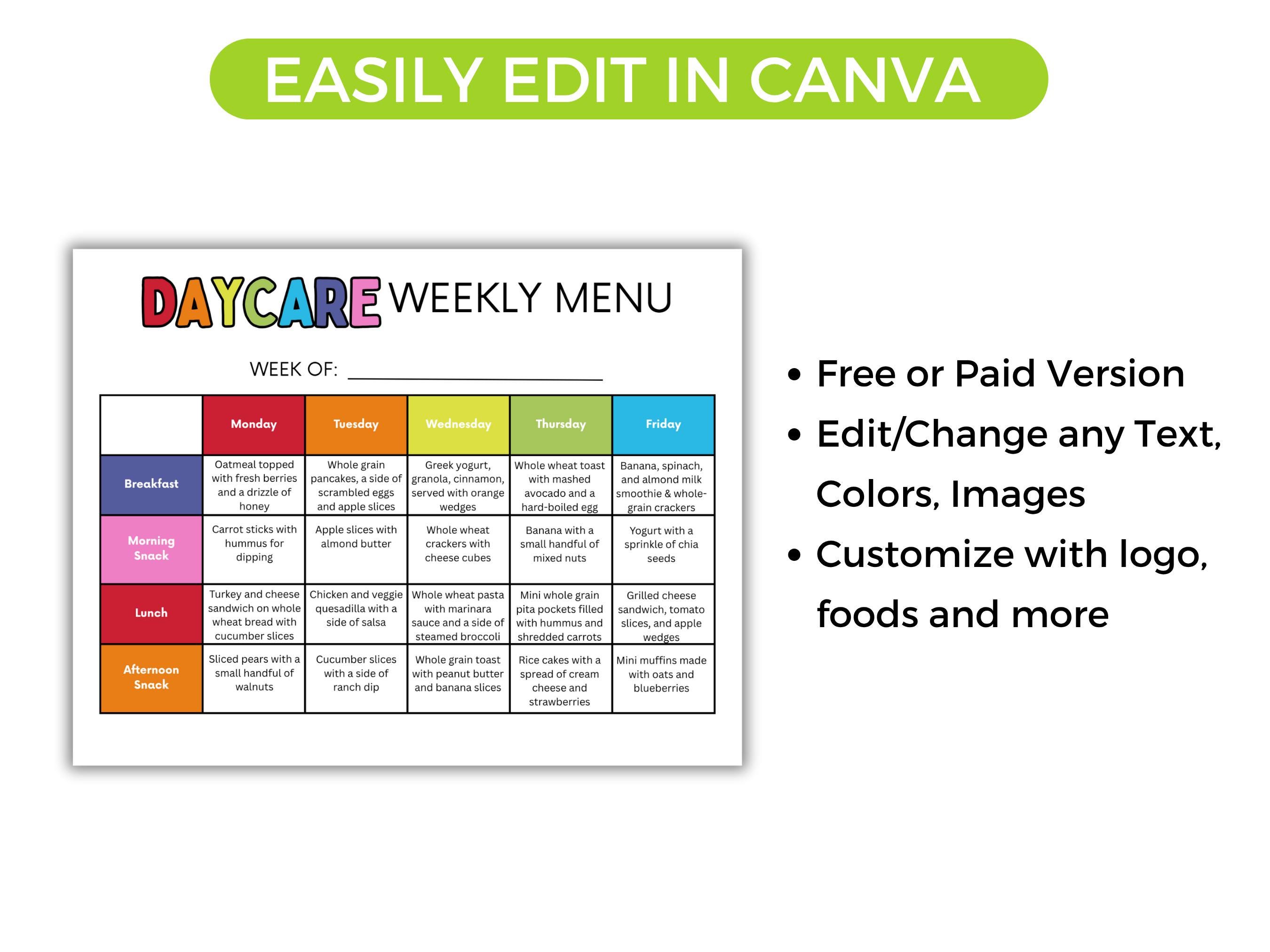 Editable Home Daycare Weekly Menu, Weekly Meal Planner, Preschool Meal ...